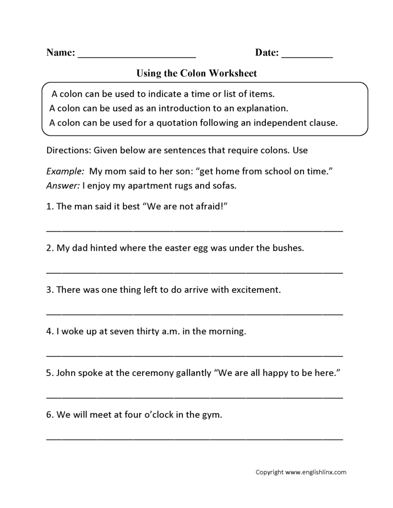 Free Printable Worksheets On Using A Colon - Worksheets HQ